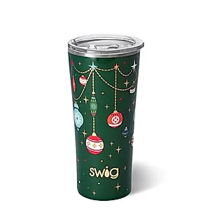 Swig Life 22oz Insulated Tumbler, Travel Coffee Tumbler with Lid, Cup Holder Friendly Travel Coffee Mug, Stainless Steel Thermos (Deck The Halls)