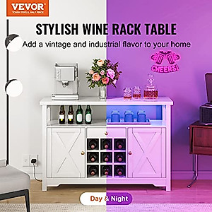 VEVOR 47 Inch Industrial Bar Cabinet, Wine Table for Liquor & Glasses, Sideboard Buffet Cabinet with Wine Rack, Freestanding Farmhouse Wood Coffee Bar Cabinet for Living Room, Home Bar, Kitchen White
