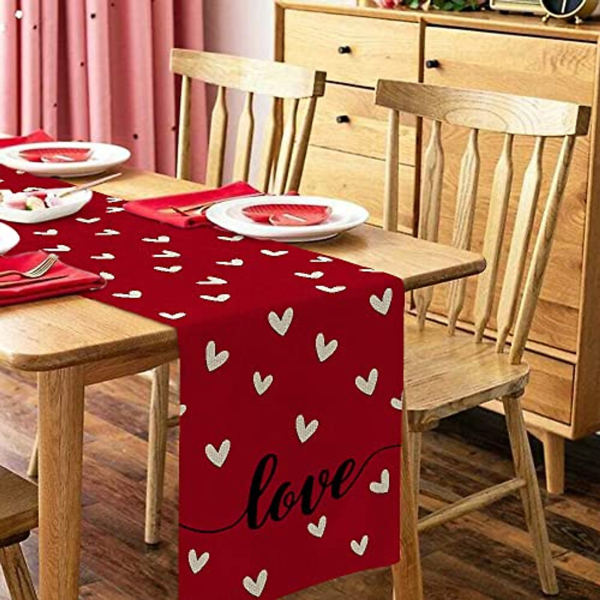 ARKENY Valentines Day Table Runner 13x72 Inches, Love Heart Seasonal Farmhouse Burlap Red Indoor Kitchen Dining Table Decorations for Home Party AT057-72