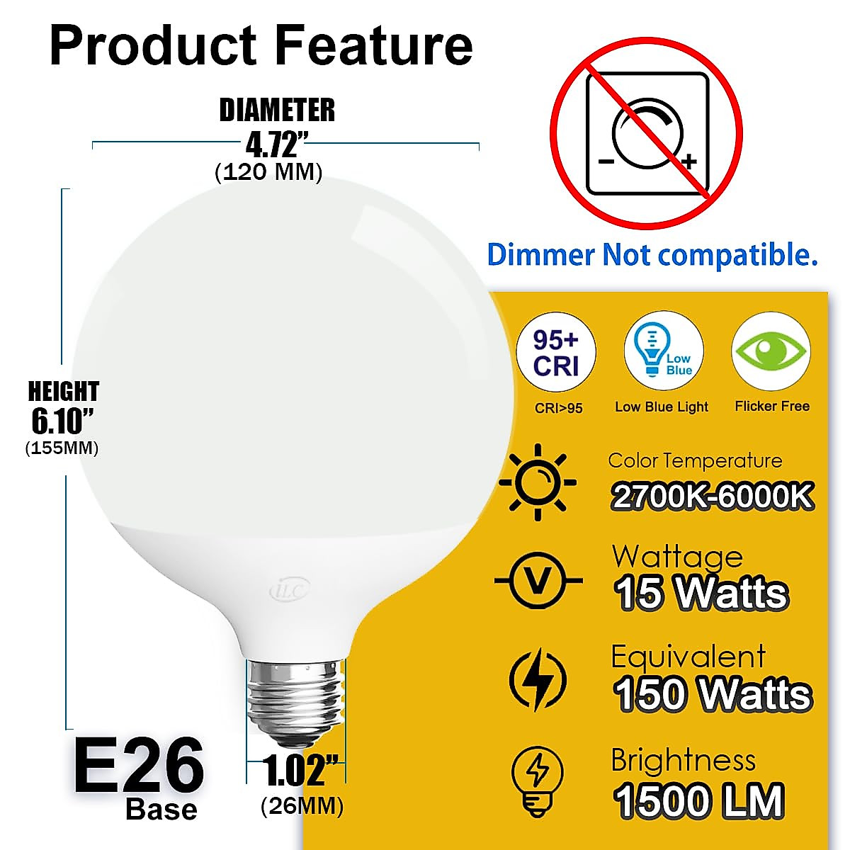ILC G120 LED Large Globe Light Bulbs 15W, Work with Alexa Required Echo Device, Φ4.72 inch, Color Changing, CCT Color Temprature Turnable 2700K-6000K, CRI>95+, 150W Equivatlent, E26 Base (2 Pack)