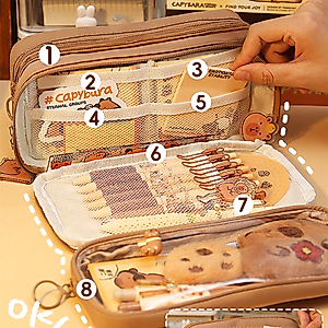 GUANGLU Cute Capybara Pencil Case, Clear Aesthetic Pencil Pouch with Cute Capybara Pins and Plush, Large Capacity Multi-layers Pen Case Cute Stationery School Supplies