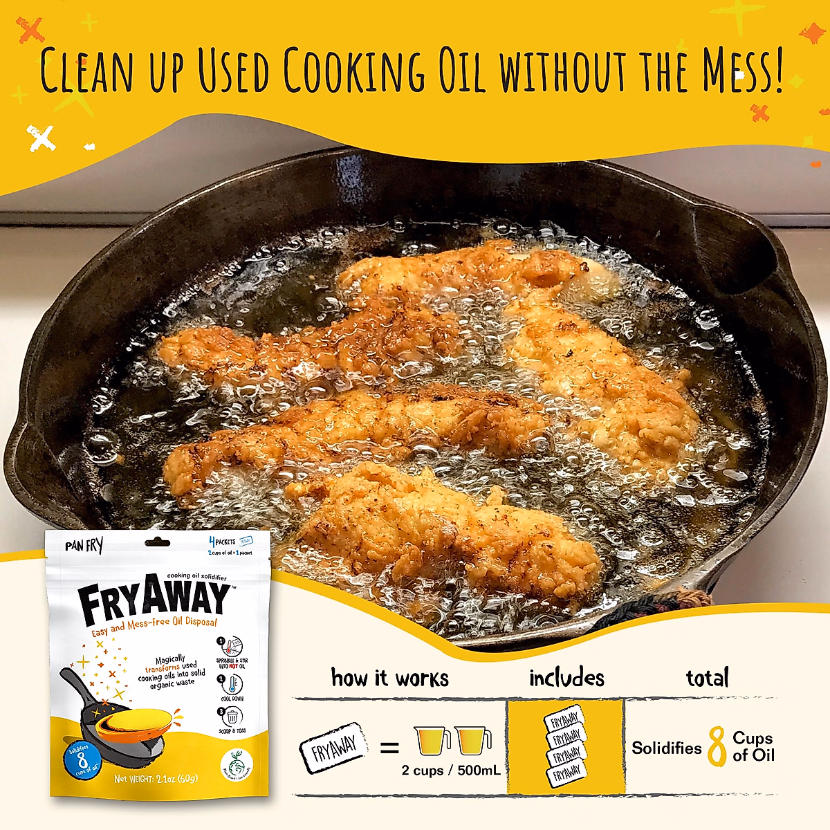 FryAway Pan Fry Waste Cooking Oil Solidifier Powder, 100% Plant-Based Cooking Oil Disposal, 1 Packet per 2 Cups of Oil, (Includes 4 Packets to Solidify 8 Cups / 2 Liters / 0.5 Gallon of Oil Total)