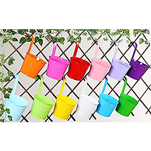 LOVOUS 6.3" x 4.7" x 5.3" Large Iron Hanging Planters Multicolor Flower Pots Balcony Garden Railing Planter, Fence Hanging Metal Bucket Plants Holders Set for Indoor and Outdoor, 12PCS, Black