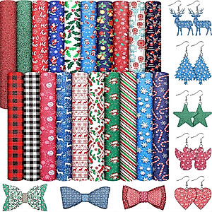 20 Pieces Christmas Faux Leather Sheets 6.3 x 8.3 inches Glitter Faux Leather Sheets Christmas Theme Printed Synthetic Leather Sheets Faux Leather Fabric Sheets for DIY Crafts Making Supplies