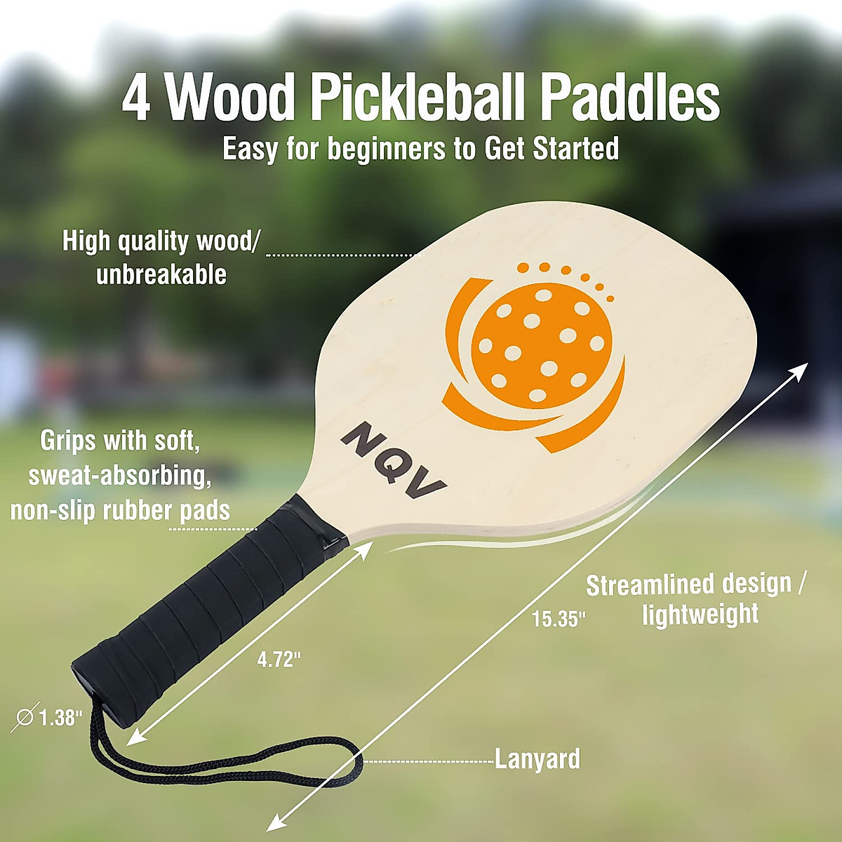 NQV Pickleball Set with Net, 4 Wood Paddles, 22FT Net, 4 Balls, 1 Bag, 2 Chalks, Yellow, Beginner