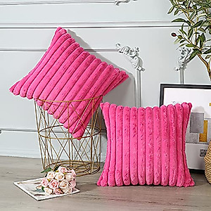Soleebee Set of 2 Throw Pillow Covers Soft Cozy Velvet Pillowcase Faux Rabbit Fur Cover for Couch Sofa Bed Chair Home Decorative Pillows Cover (18x18 Inch, HOT Pink)