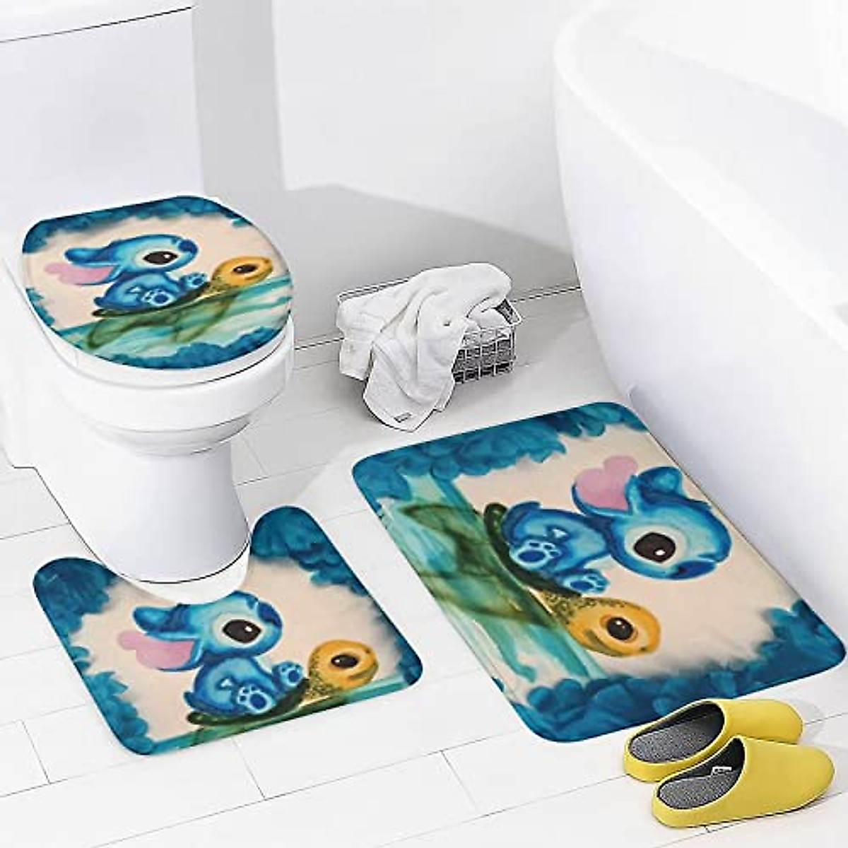 fmsnupz Cartoon Shower Curtain 4PCS Set, Cute Bathroom Decor with Non-Slip Rugs, Toilet Lid Cover and Bath Mat, Waterproof Fabric Shower Curtains with 12 Hooks, 70.8"x70.8"