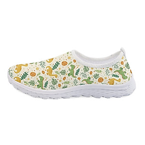 MARSVOVO Yellow Slip On Walking Shoes for Women Fashion Mesh Comfortable Sneakers Lightweight Breathable Air Knitted Non Slip Tennis Running Athletic Gym Sports Yoga Travel Shoes,Dinosaur,Size 9.5 US