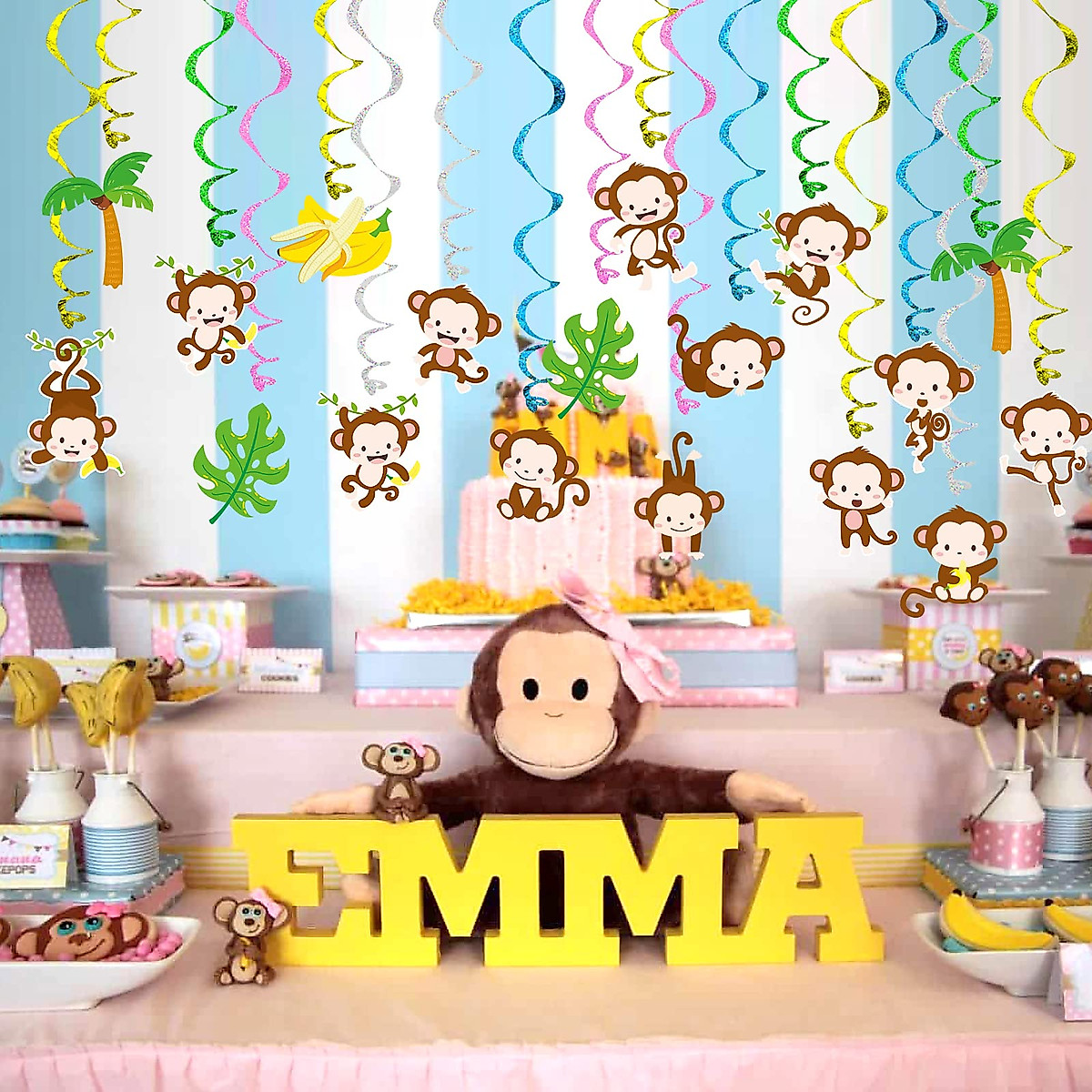 Little Monkey Hanging Swirl Banner Decor 30 Pack Green Jungle Forest Animal Foil Ceiling Streams Garland Banner Cutouts for Kids Zoo Wile One Life Baby Shower Birthday Party Supplies Room Wall Decor