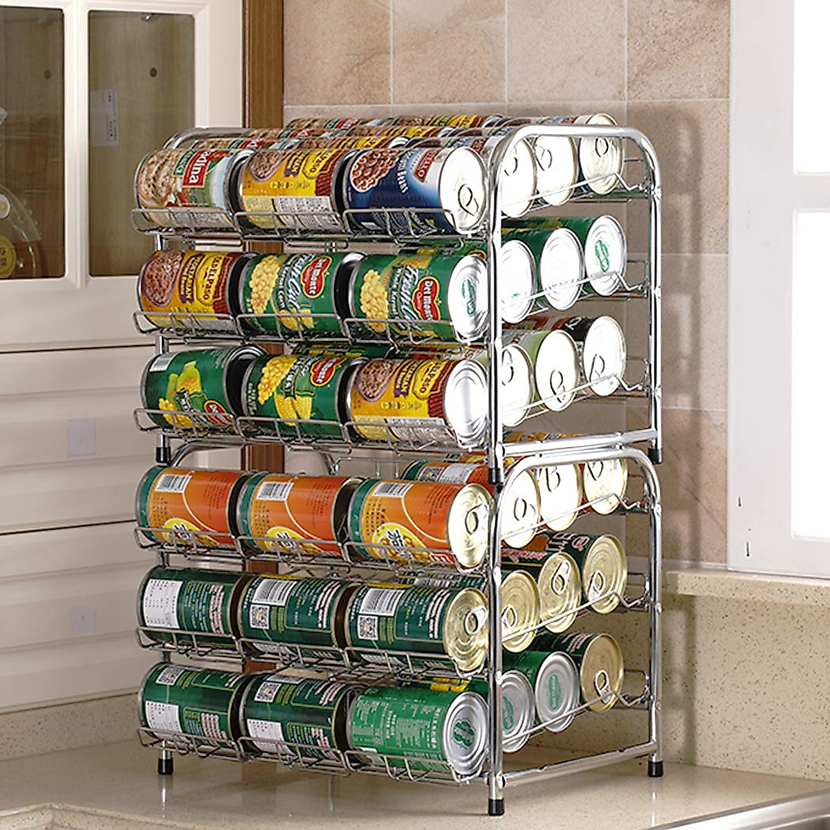 FlagShip Pantry Food Can Rack Organizer, 3-Tier Stackable Soup Vegetable Canned Food Dispenser Organizers Storage, Pantry Can Food Holders Metal (36 Cans Chrome)