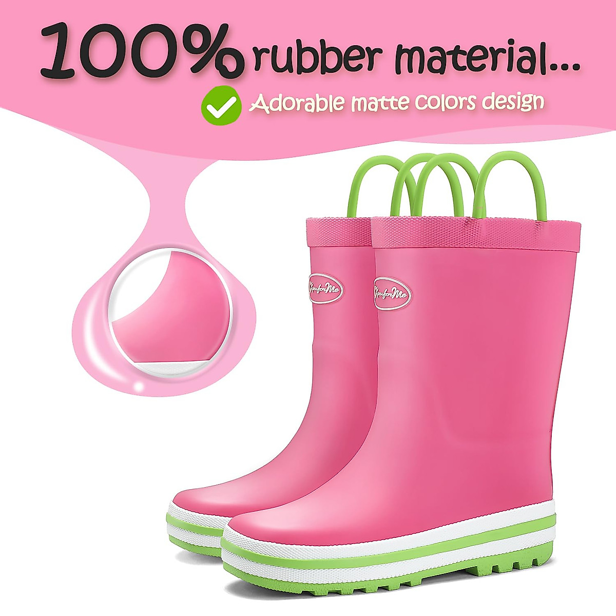 KomForme Kids Rain Boots, Waterproof Rubber Matte Boots with Reflective Stripes and Easy-on Handles Pink, 2 Big Kid