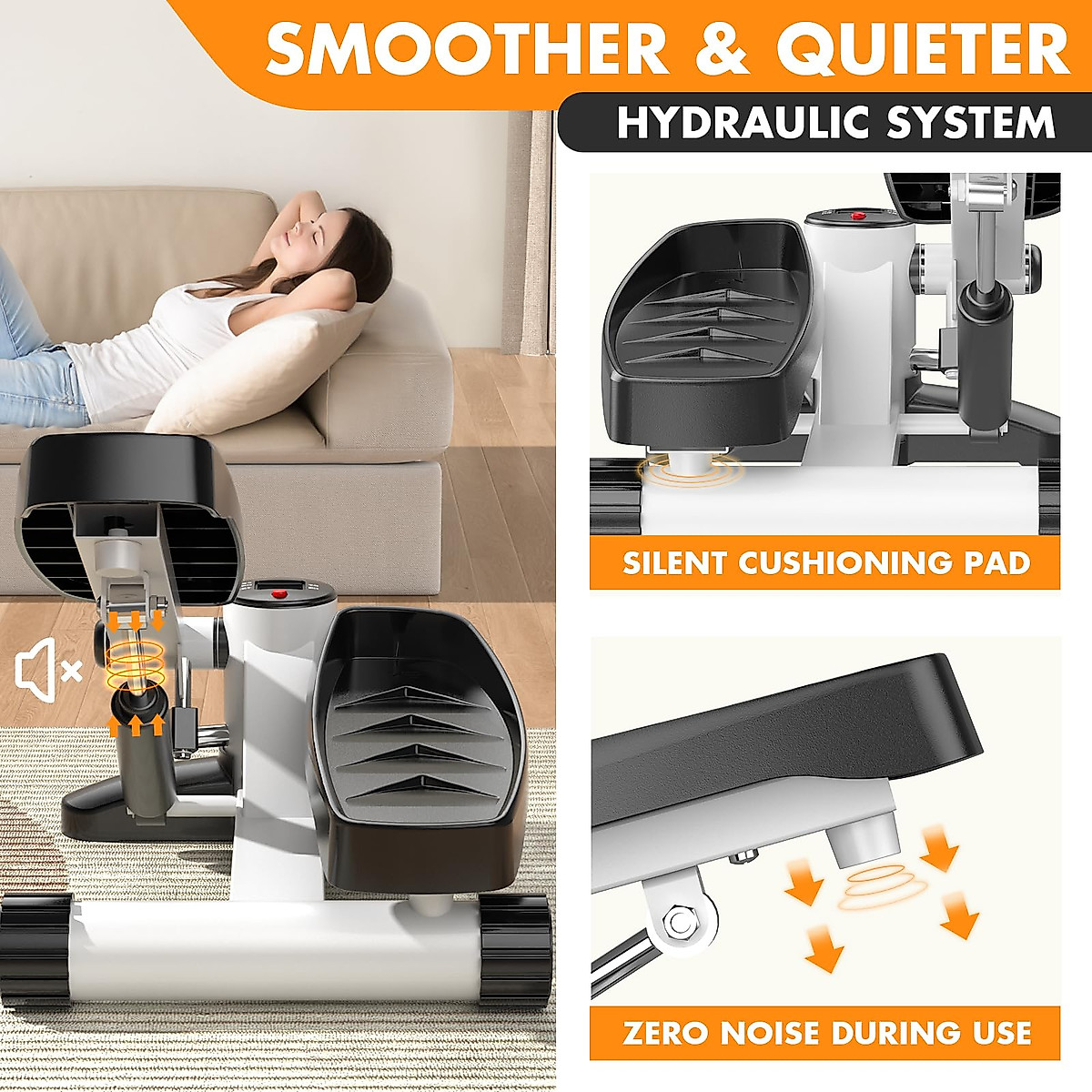 Mini Mute The Sound Stair Stepper,300LBS Loading Capacity, with LCD Monitor Floor mat Resistance Rope Hydraulic Fitness Stepper for Home Desk or Office Workouts-Black & White