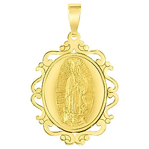 Jewelry America 14k Yellow Gold Elegant Ornate Miraculous Medal of Our Lady of Guadalupe Pendant (1")