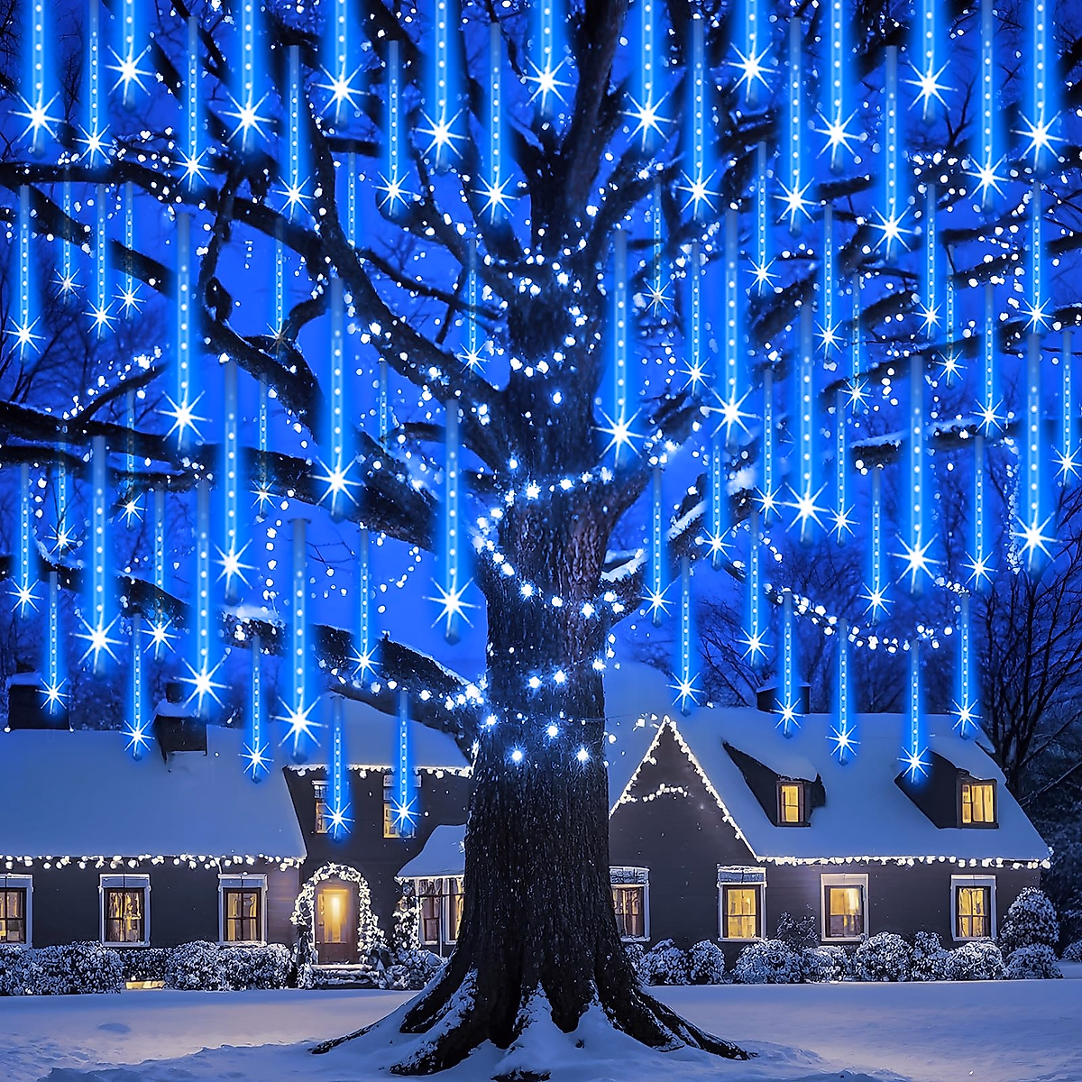 Adecorty Outdoor Christmas Lights Meteor Shower Lights UL Certified 8 Tubes 192 LED Snow Falling Rain Drop Lights Dripping Icicle String Lights for Christmas Tree Decorations Xmas Wedding Party, Blue
