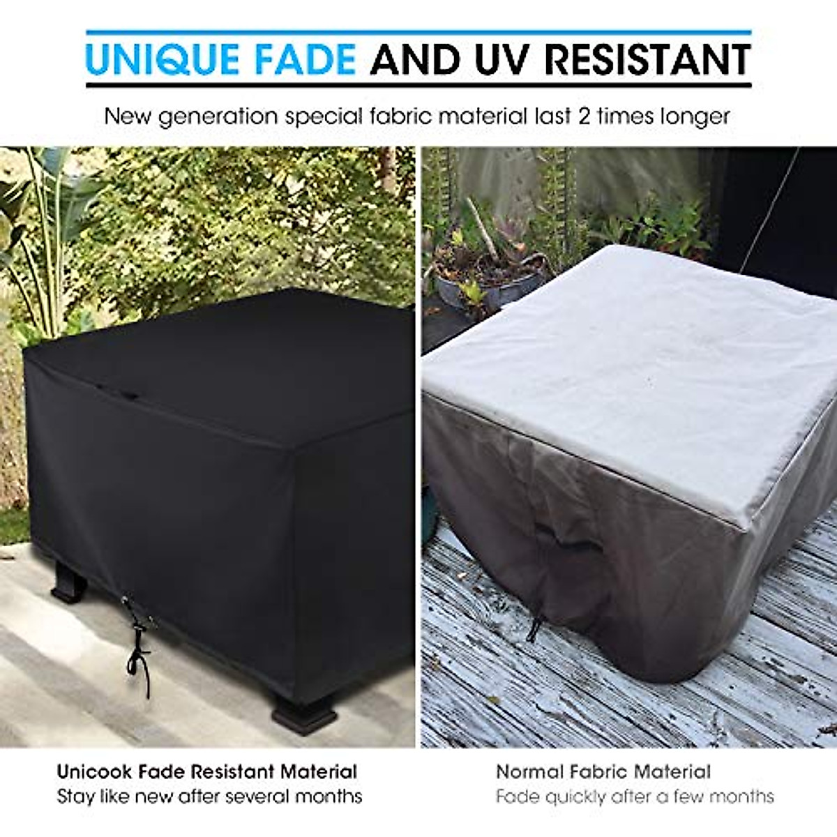 Unicook Square Fire Pit Cover 38 Inch, Heavy Duty Waterproof Fire Table Cover, Outdoor Firepit Cover with Drawstring and Handles, Fade Resistant Material, All Weather Protection, Black