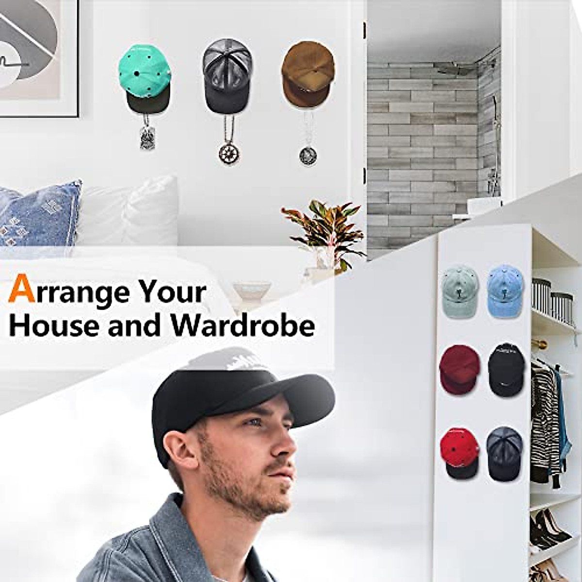 16 Pack Adhesive Hat Hooks For Wall,hat Hooks For Baseball Caps,Upgraded Hooks To Hang Keys/necklaces Wall Hat Rack For Cowboy Hat,No Drilling Stable Cap Organizer Hat Holder,Hat Organizer (black)
