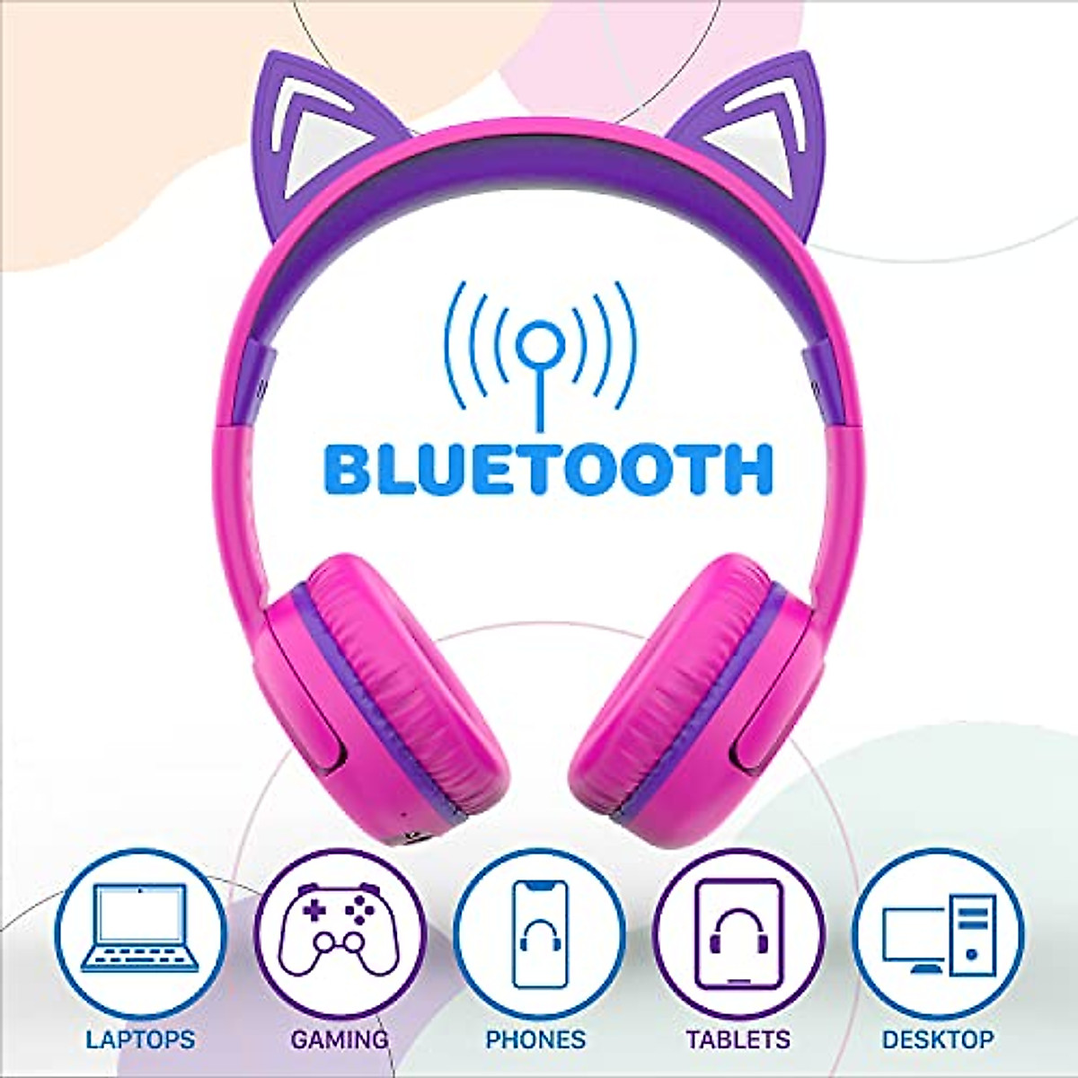 FosPower Bluetooth Kids Headphones with 3.5mm Audio Cable Included, Up to 50 Hours of Playtime & LED Light Up Ears, Wireless or Cable Connected Headphones for Kids (Max 85dB) - Hot Pink/Purple