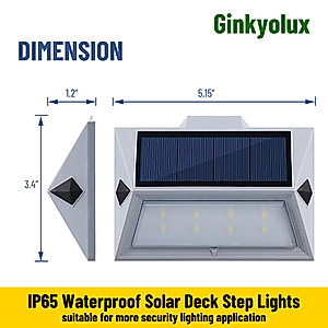 GinkyoLux Solar Deck Step Lights, 8 LEDs 3500K Warm White, Waterproof Dusk to Dawn Stair Garden Pathway Fence Railing Patio Landscape Lighting Ideal for Home Safety and Beauty, 2-Pack