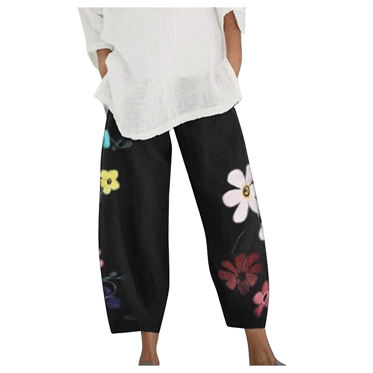 SHOPESSA Harem Sweatpants for Women Boho Cotton Linen Capri Pants Y2K Pocket Baggy Pants