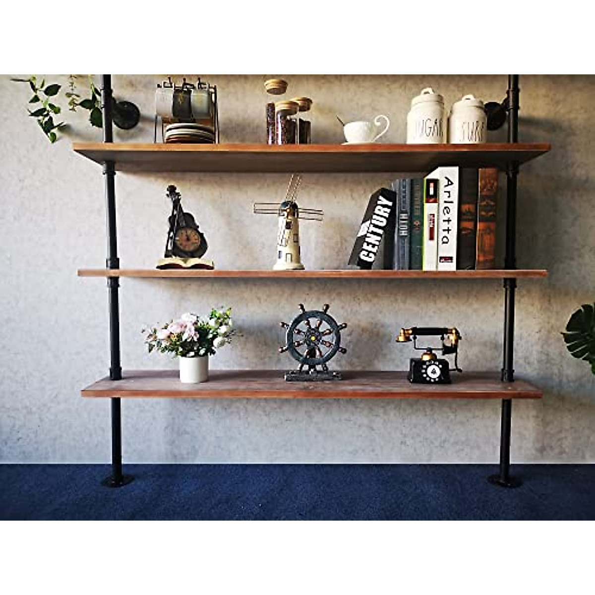 Anynice 6 Tier Industrial Ladder Pipe Shelf, Wall Mounted Wood Metal Bookshelf for Living Room Storage (Weathered Brown, 10" D x 48" W x 82.5" H)