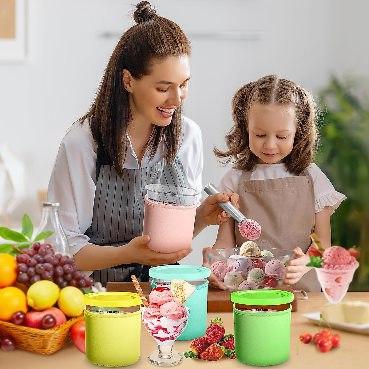 Containers Replacement for Ninja Creami Pints and Lids, 16oz Ice Cream Cups Compatible with Ninja Creami NC500 NC501 Series Ice Cream Maker, for Creami Ninja Ice Cream with Insulated Sleeves(2 Pack)