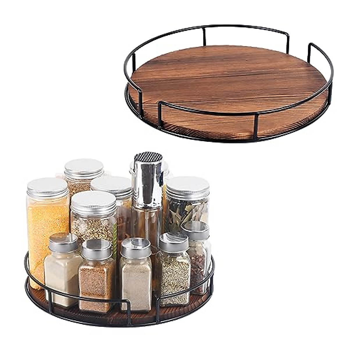 [ 2 Pack ] 9"& 10" Lazy Susan Organizer - Non-Skid Wood Turntable Organizer for Cabinet, Pantry, Kitchen Countertop, Refrigerator, Spice Rack, Carbonized Black
