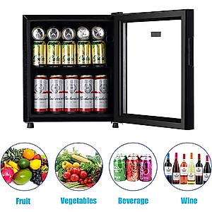 Mini Fridge Glass Door 60 Cans Beverage Cooler Refrigerator Mini Beer Fridge 1.6 cu.ft Organizer for Drinks Soda Wine Small Refrigerator with Blue LED for Home Office Dorm