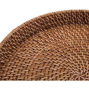 13.8 inch Rattan Tray, Round Wicker Tray with Cut-Out Handles, Woven Serving Tray for Dining / Coffee Table