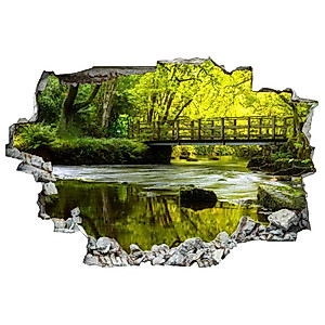 Scotland Rivers Bridges Stones River Forth Moss Wall Decal Landscape 3D Break Through Wall Sticker Removable Funny Wall Art Decal Christmas Home Decor Vinyl Mural for Boy Kids Room Living Room