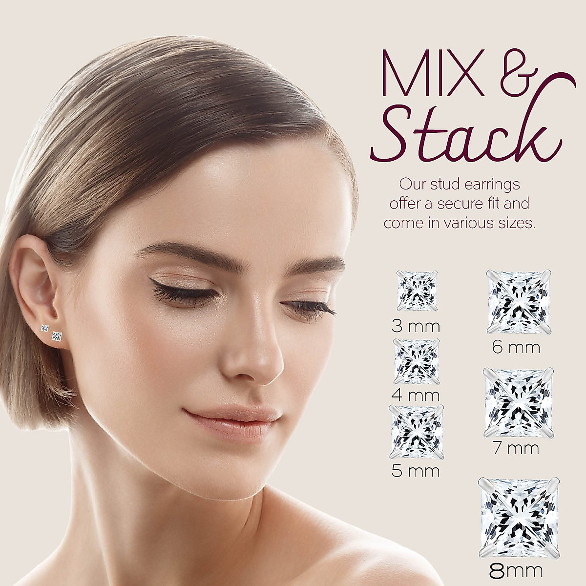 14k Solid Gold PRINCESS Stud Earrings Square Cubic Zirconia Princess-cut CZ Unisex Studs, 14kt White Gold (5mm)