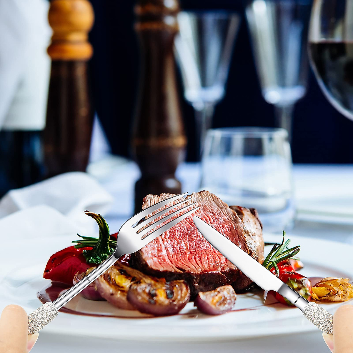 Bling Silverware Set Stainless Steel Rhinestones Knife Fork and Spoon Set Glitter Travel Cutlery Flatware Dinnerware Utensils Tableware Sets for Wedding Birthday Party Gift Silver