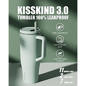 KISSKIND 40 oz Tumbler with Handle and Straw Lid, 100% Leakproof Insulated Cup Travel Coffee Mug Water Bottle, 2 Pcs