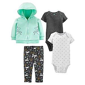 Simple Joys by Carter's Baby Girls' 4-Piece Jacket, Pant, and Bodysuit Set, Black Dots/Mint Green Unicorn/White Snowflake/Floral, 18 Months