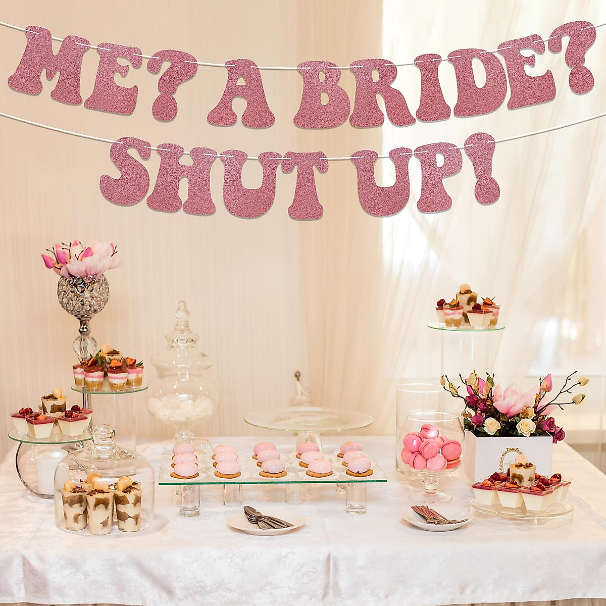 Me? A Bride? Shut Up! Banner, Pre-Strung, Bachelorette Party Decorations, Bride to Be Banner, Wedding Engagement Party Decorations Rose Gold Glitter