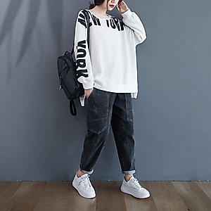 ellazhu Women's Autumn Casual Crew Neck Long Sleeve Sweatshirt Pullover GA2062 White