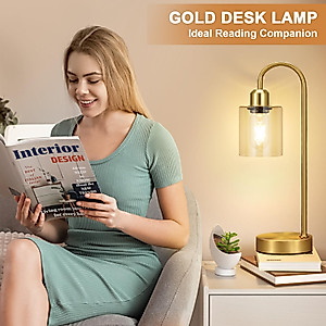Industrial Gold Table Lamps Set - 3 Way Dimmable Touch Desk Lamps Set of 2 with USB C+A Ports, Nightstand Lamp with Glass Shade,Bedside Lamps for Night Stands, Bedroom, Living Room, LED Bulb Included
