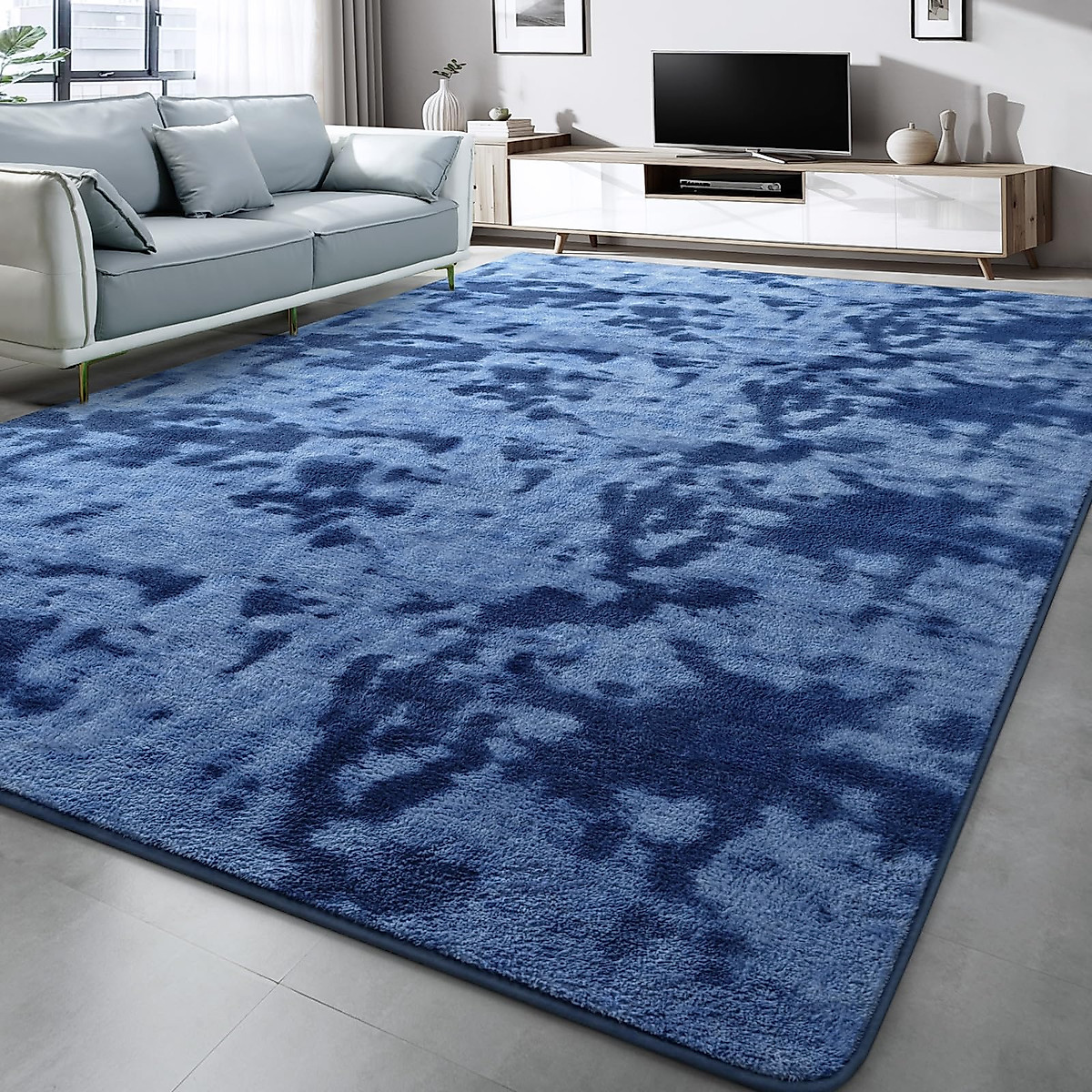 Lascpt Soft Area Rug for Living Room, 7x10 Ft Tie-Dyed Navy Blue Rug Thicken Memory Foam Large Rug for Bedroom, Abstract Throw Rug for Girls Boys Women Kids, Carpet for Bedroom Nursery Room Decor