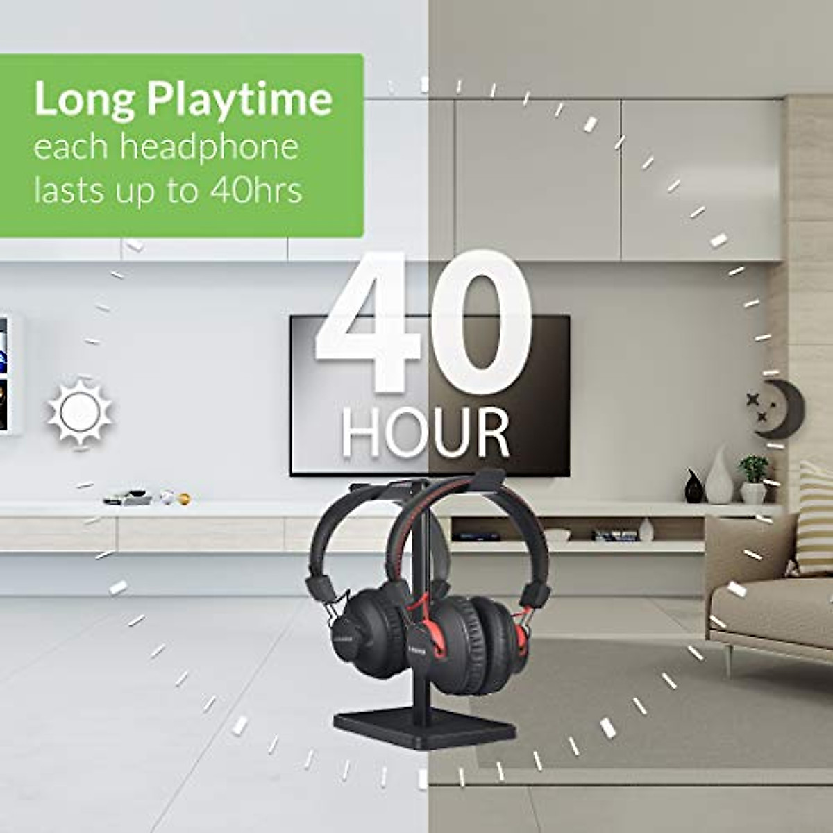 Avantree HT41899 Dual Bluetooth 5.0 Wireless Headphones for TV Watching (Set of 2) with Transmitter (Optical AUX RCA) & Headset Stand, Individual Volume Control, 40Hrs Playtime, Plug n Play, No Delay