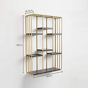 PIBM Stylish Simplicity Shelf Wall Mounted Floating Rack Shelves Simple Rect Iron Art Wooden Storage Multifunction Bookshelf,4 Layers, Gold , 60x16.5x90cm