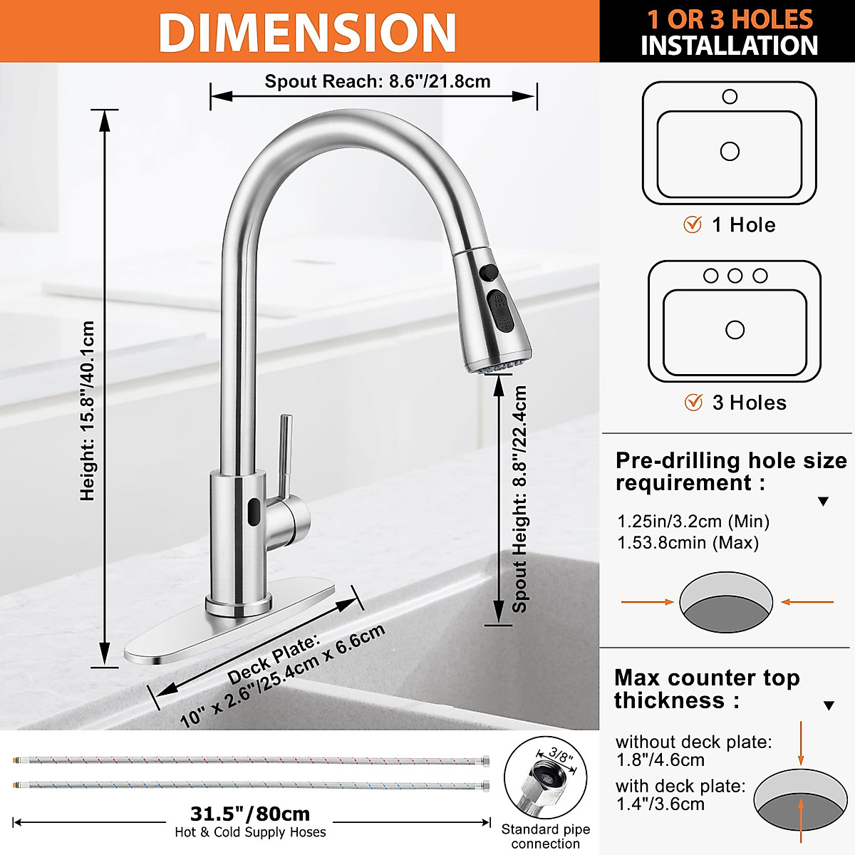 Homikit Touchless Kitchen Faucets with Pull Down Sprayer & Soap Dispenser, Automatic Motion Sensor Smart Faucet for Kitchen Sink, Brushed Nickel Single Handle Stainless Steel Faucet for Farmhouse RV