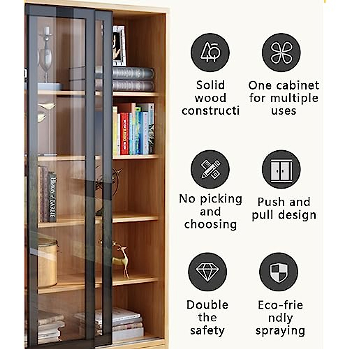 ZIVERDO Solid Wood Book Storage Cabinet, Buffet Storage Cupboard with Clear Doors and Adjustable Shelves, Large Capacity Sideboard Rack with Auto Sensor LED Light