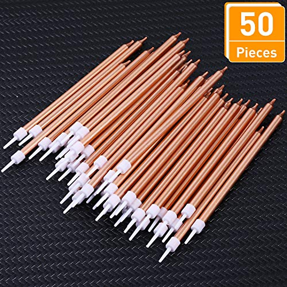 50 Pieces Rose Gold Birthday Candles Long Thin Metallic Birthday Candles Cake Cupcake Candles with Holders for Birthday Wedding Halloween Christmas Party Cake Decorations Supplies()