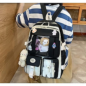 AONUOWE 5 pcs Cute Aesthetic Backpack Set for School Teens, 3 Plushies & 5 Pins & Cards Kawaii Backpack with Accessories (Black)