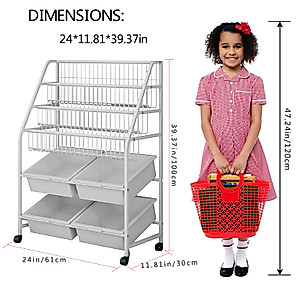 LINZINAR Bookshelf Iron Toy Organizer 3 Tier Mobile Bookrack 4 Plastic Toy Storage Boxes with Wheels—White…