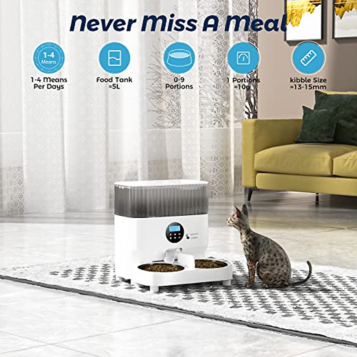 Sobralik Elevated Automatic Cat Feeder for Two Cats, 5L Dry Food Dispenser with Splitter and Two Stainless Bowls, 4 Meal Per Day and Portion Control, 10s Voice Recorder, Dual Power Supply