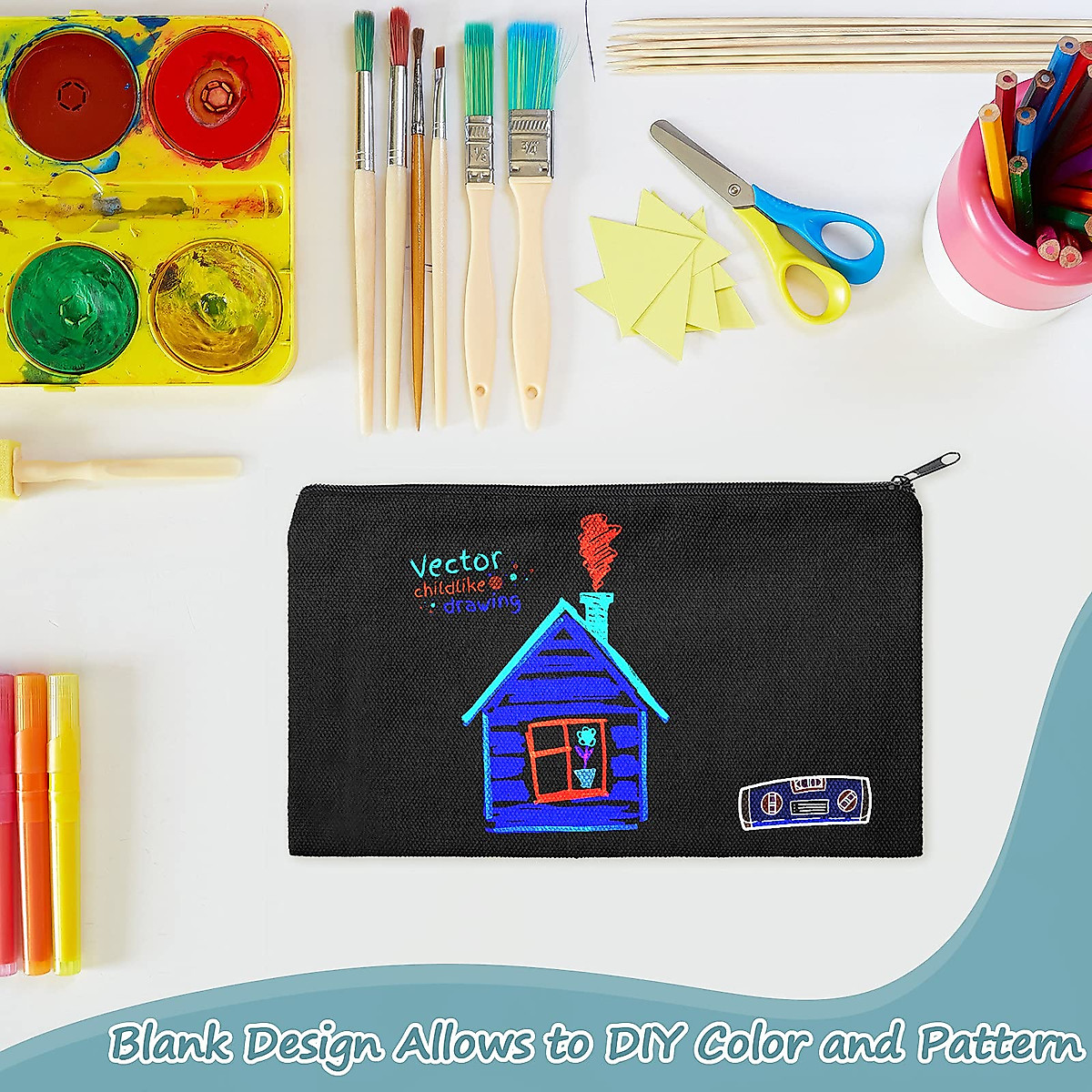 Weewooday 50 Pieces Canvas Cosmetic Bags Sublimation Canvas Makeup Bags with Zipper Pouch Bags Plain Makeup Pouch Blank DIY Craft Bags for Travel Stationery Cosmetic (Black)