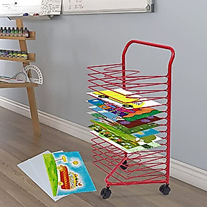 DNYSYSJ Art Drying Rack for Classroom, Paint Drying Rack Art 16 Shelves Metal Artwork Storage Display Rack with Wheels, 16.9x12.6x33.4in (Red)