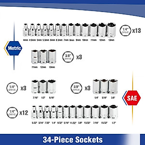 WORKPRO 39-Piece Drive Socket Set 1/4''3/8'', CR-V Metric and Imperial Sockets with Quick-Release Ratchet Wrench, Compact Sockets Set for Car Repair