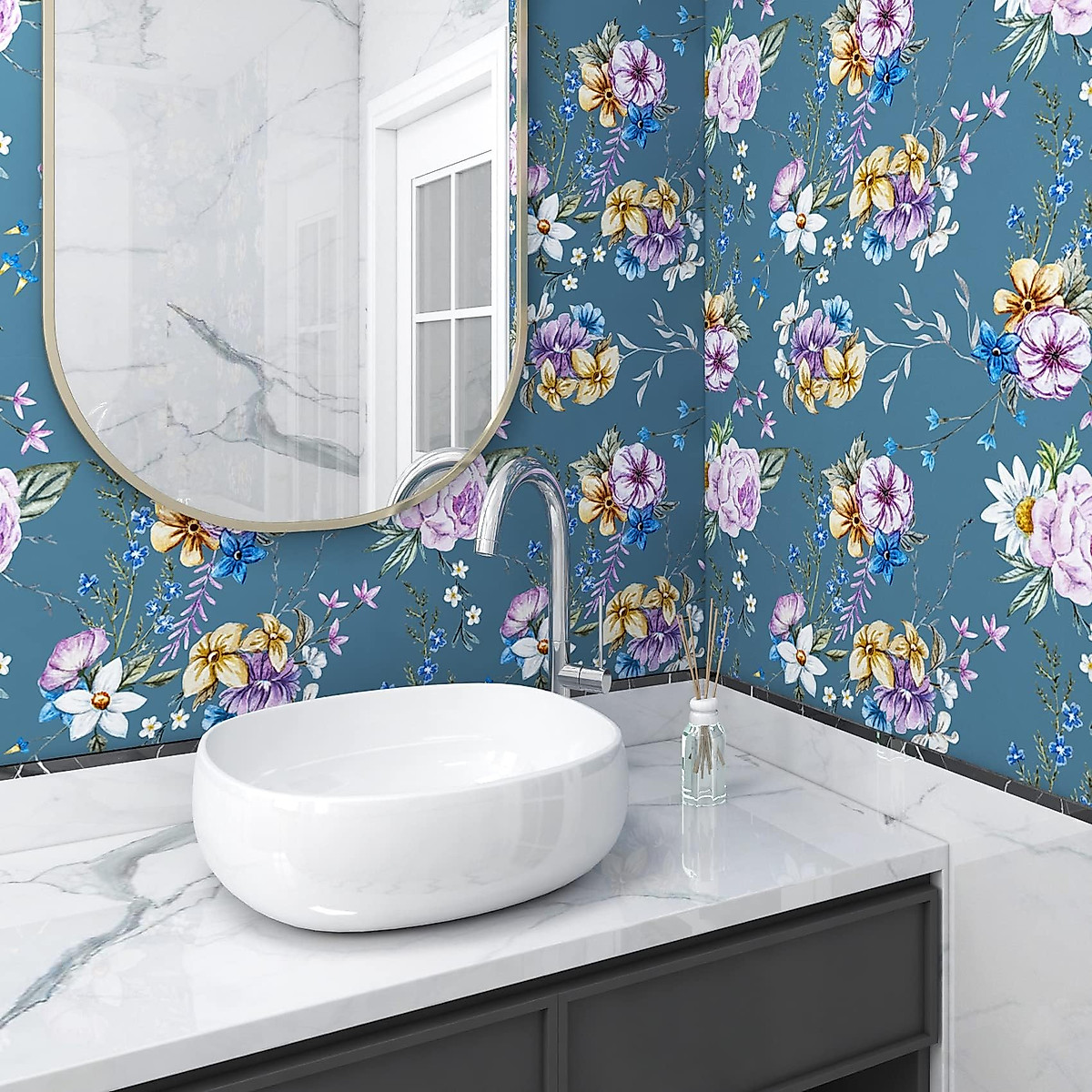 ReWallpaper Blue Floral Peel and Stick Wallpaper - Boho Modern Flower Pattern - Self Adhesive Contact Paper - Bod Wallpaper for Bedroom Bathroom 17.5inx10ft