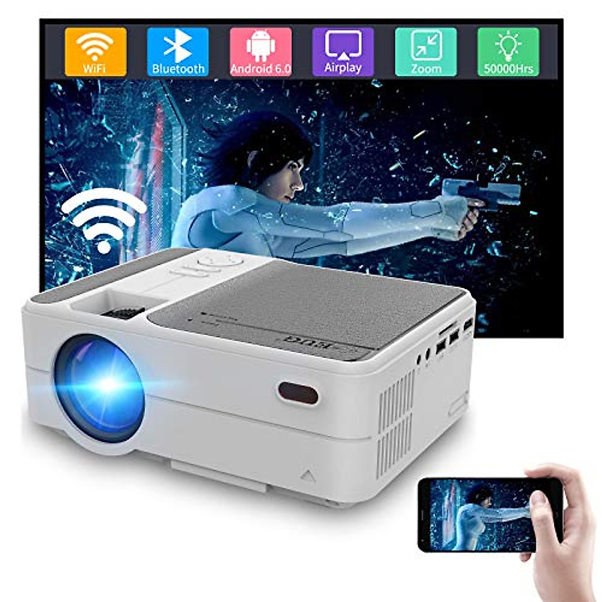 Mini Portable Projector WiFi Bluetooth 5500Lumen HD Smart TV Projector 200" Display,HDMI Audio USB Android Os Wxga Projectors Artwork Backyard Garden Movie Theater